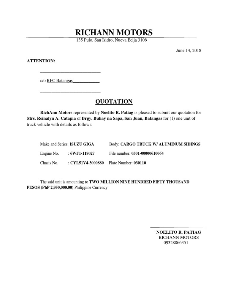 Richann Motors: Quotation | PDF