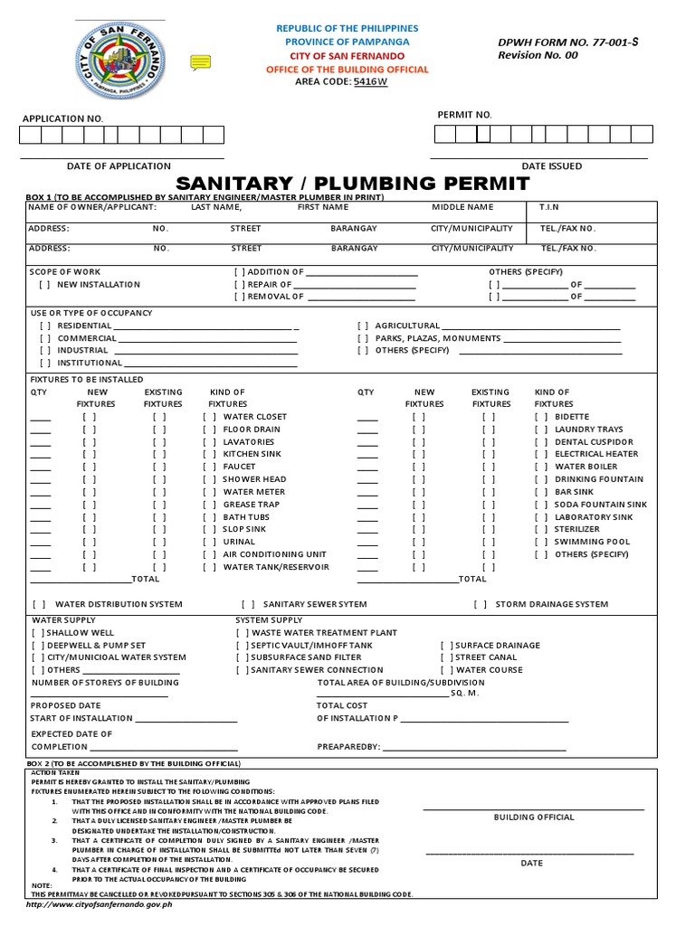 Sanitary / Plumbing Permit: Office of The Building Official | PDF ...
