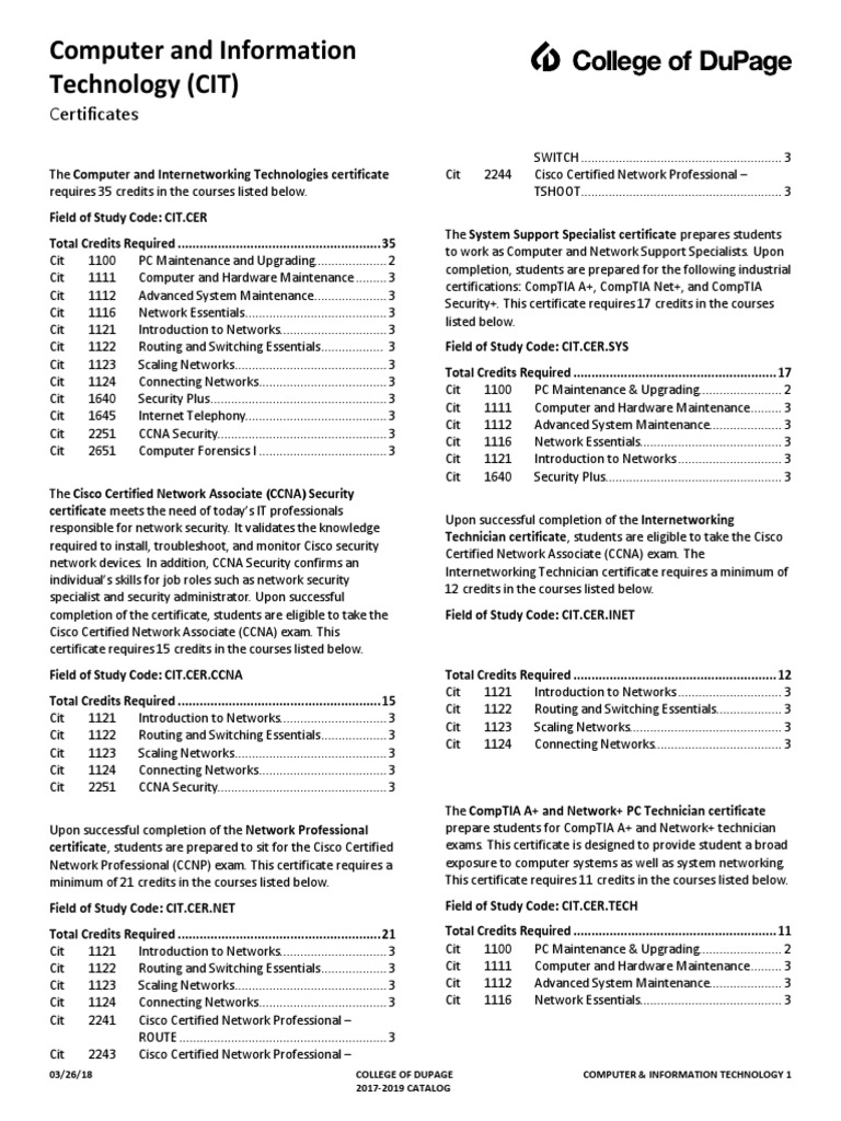 Computer and Information Technolog y (CIT) : Certificates | PDF | Cisco ...