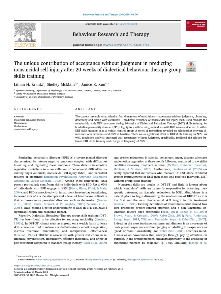 Acceptance Without Judgement Predicting Non Suicidal Behavior in DBT ...