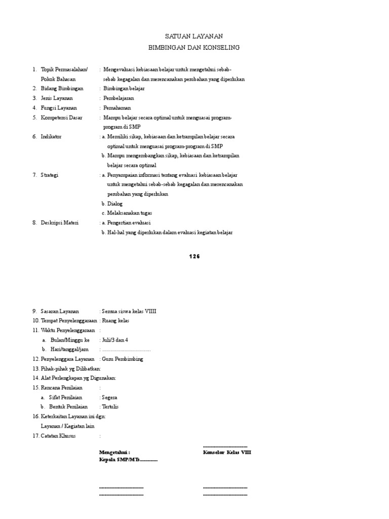 Satuan Layanan BK Kelas Viii SMP | PDF