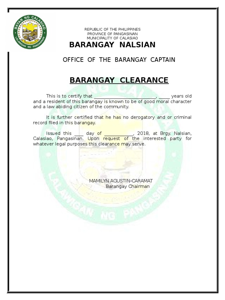 Barangay Clearance Certificate Sample | PDF