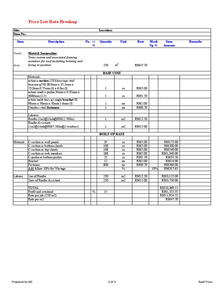 Price List Rate Breakup for Metal Roof and Roof Tiles | PDF | Truss ...