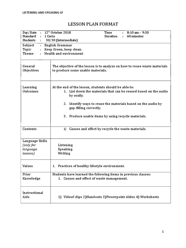 Lesson Plan Format: Listening and Speaking LP | PDF | Recycling | Waste ...