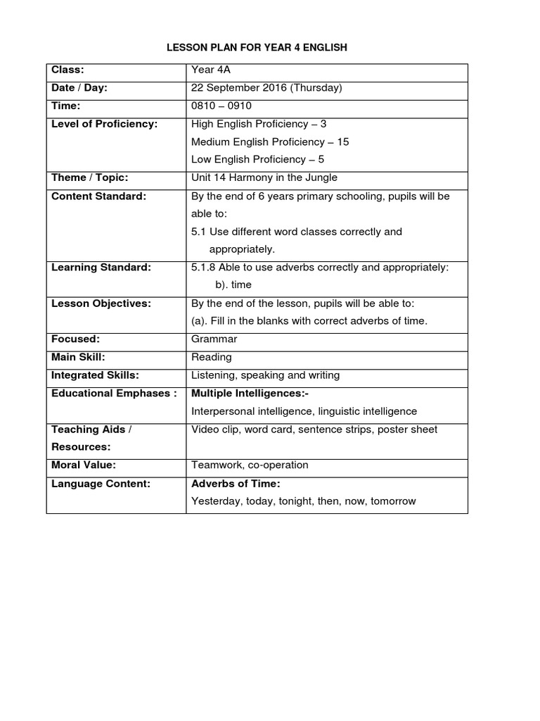 Lesson Plan For Year 4 English | PDF | English Language | Grammar