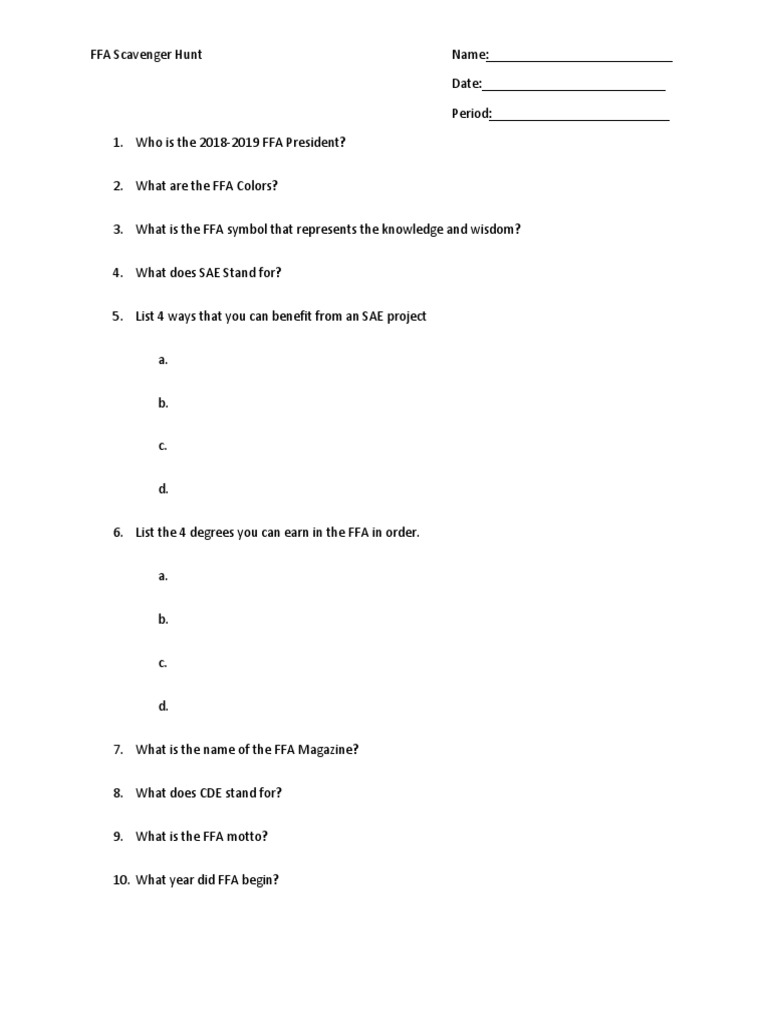 FFA Scavenger Hunt Worksheet | PDF | Sports & Recreation