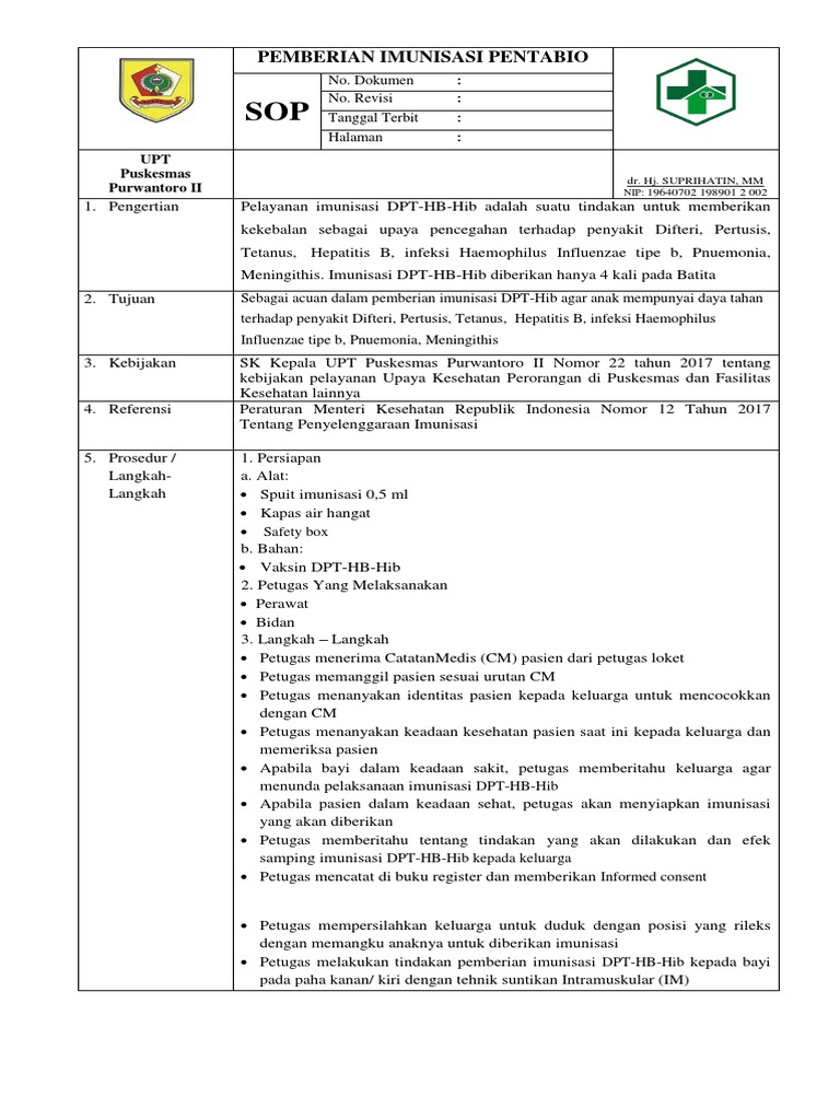 Prosedur Imunisasi Pentabio DPT-HB-Hib | PDF
