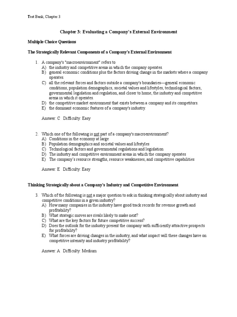 Strategic Management Chapter 3 Tesst Bank | PDF | Competition ...
