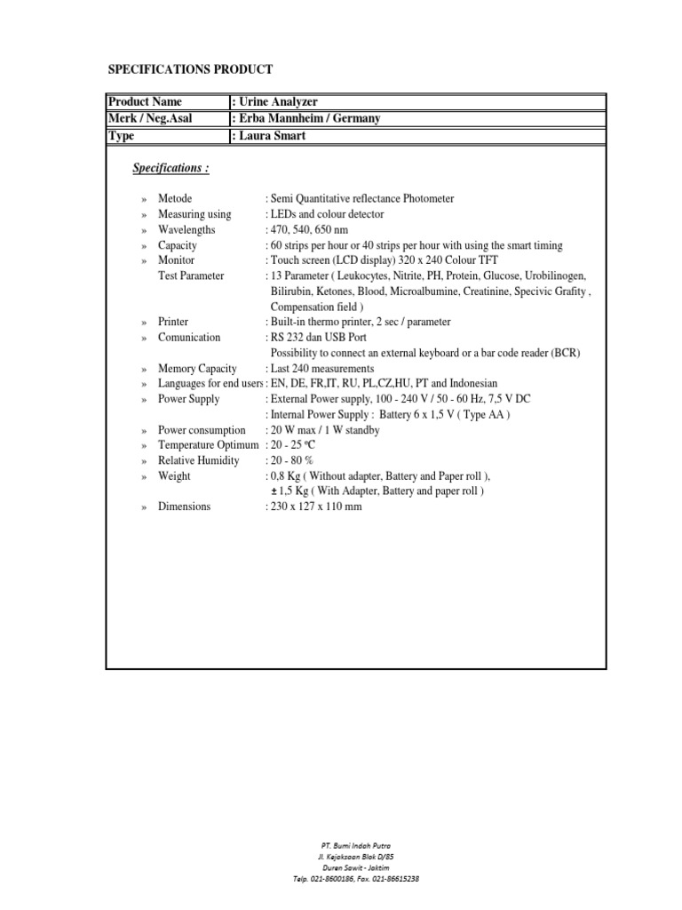 Specifications Erba, Urine Analyzer, Laura Smart | PDF