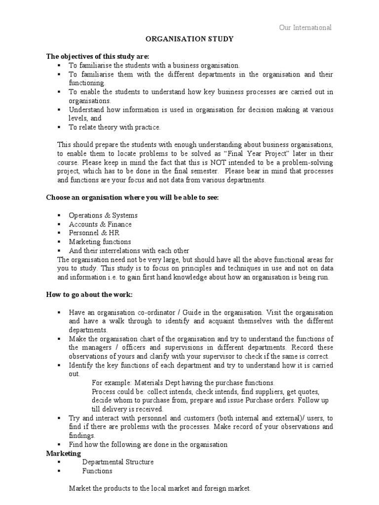 Organisation Study The Objectives of This Study Are:: Our International ...