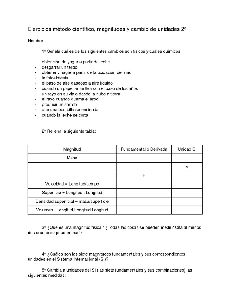 Ejercicios Método Científico, Magnitudes y Cambio de Unidades 2º | PDF ...