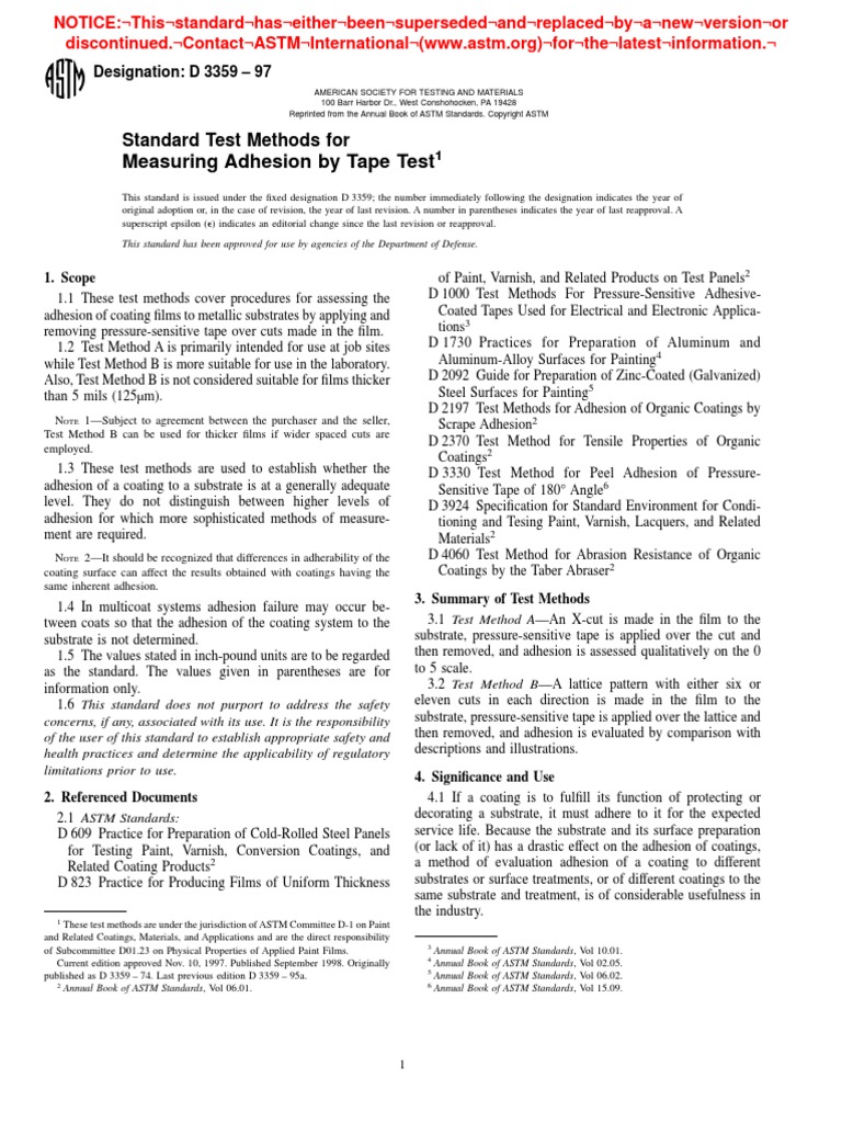 ASTM D 3359 - 97 Standard Test Methods For Measuring Adhesion by Tape ...