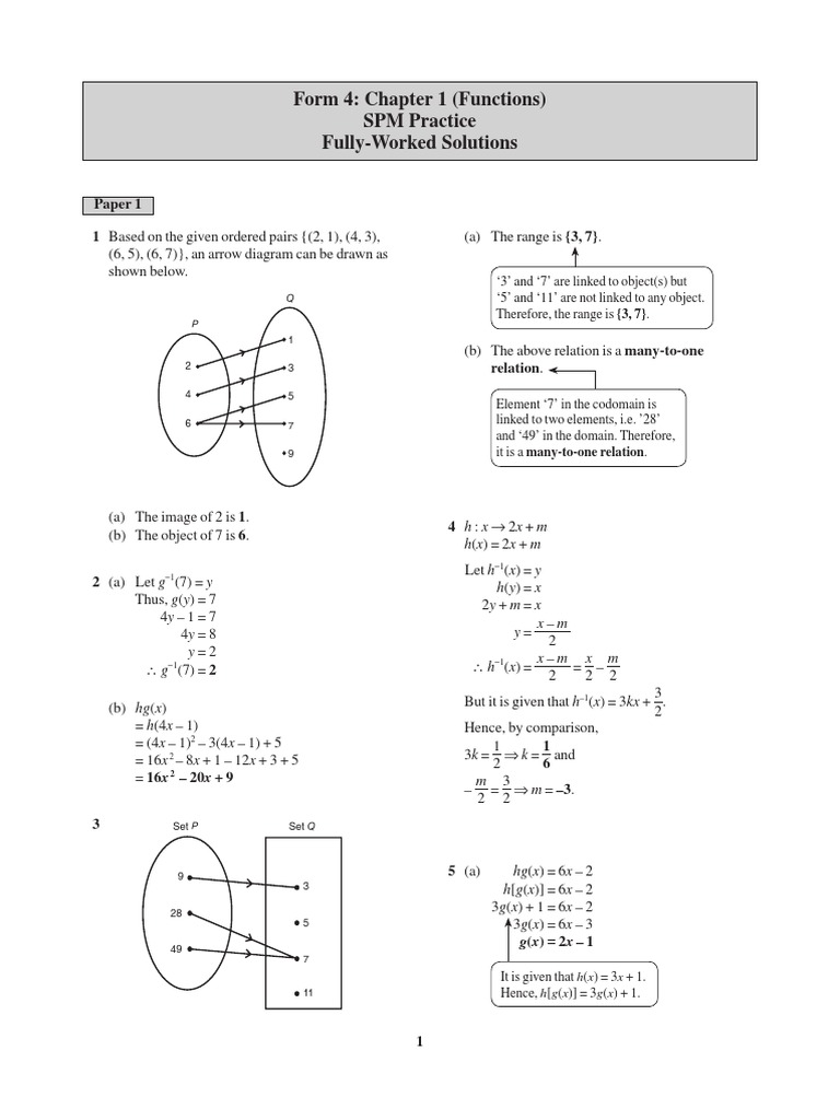 Form 4: Chapter 1 (Functions) SPM Practice Fully-Worked Solutions | PDF ...