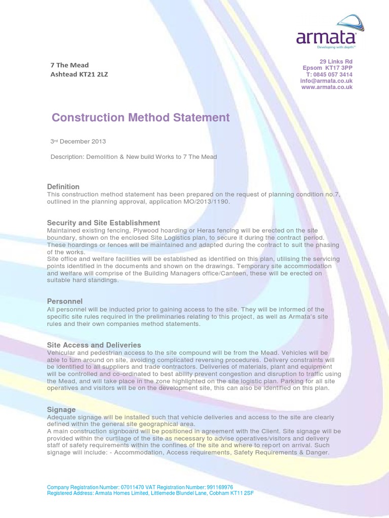 Construction Method Statement: 7 The Mead Ashtead KT21 2LZ | PDF ...