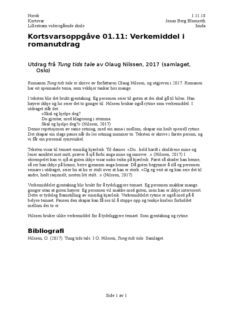 Kortsvarsoppgåve Nynorsk 01.11 | PDF