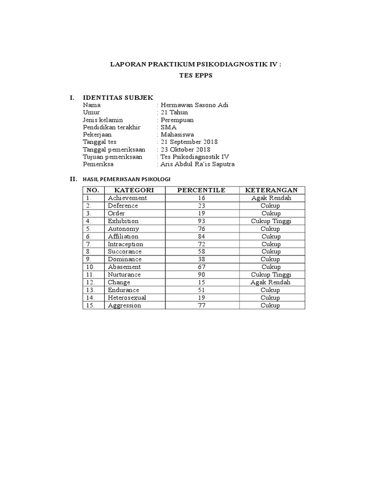 Laporan Praktikum Psikodiagnostik V (Epps) | PDF