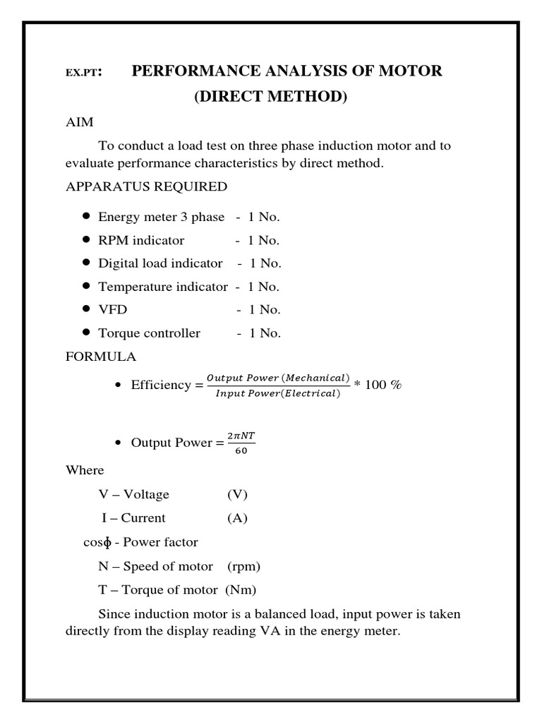 Performance Analysis of Motor (Direct Method) : Ex - PT | PDF | Power ...