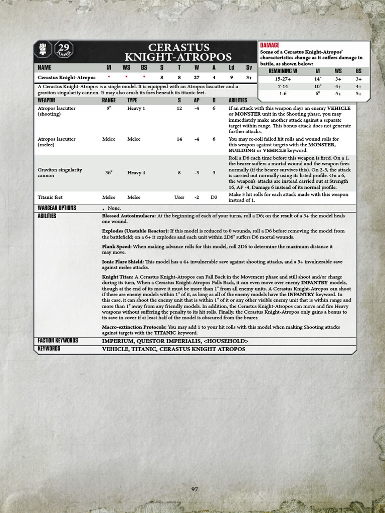 Cerastus Knight-Atropos: Name M WS BS S T W A LD SV | PDF | Infantry ...