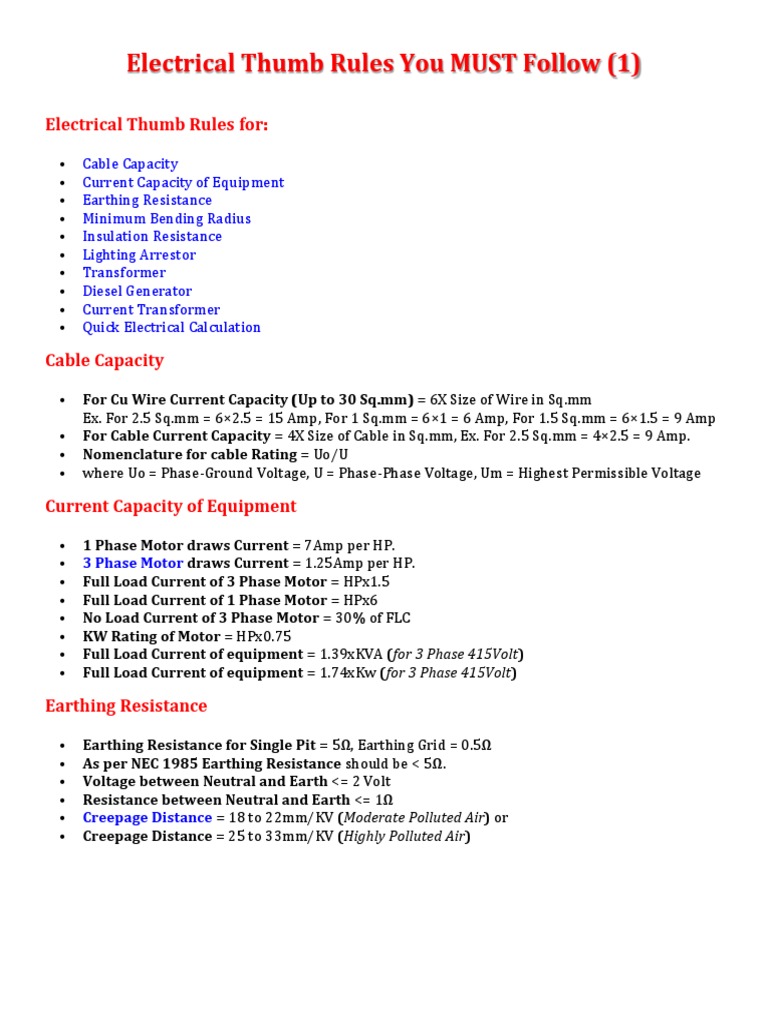Electrical Thumb Rules2 | PDF | Insulator (Electricity) | Transformer
