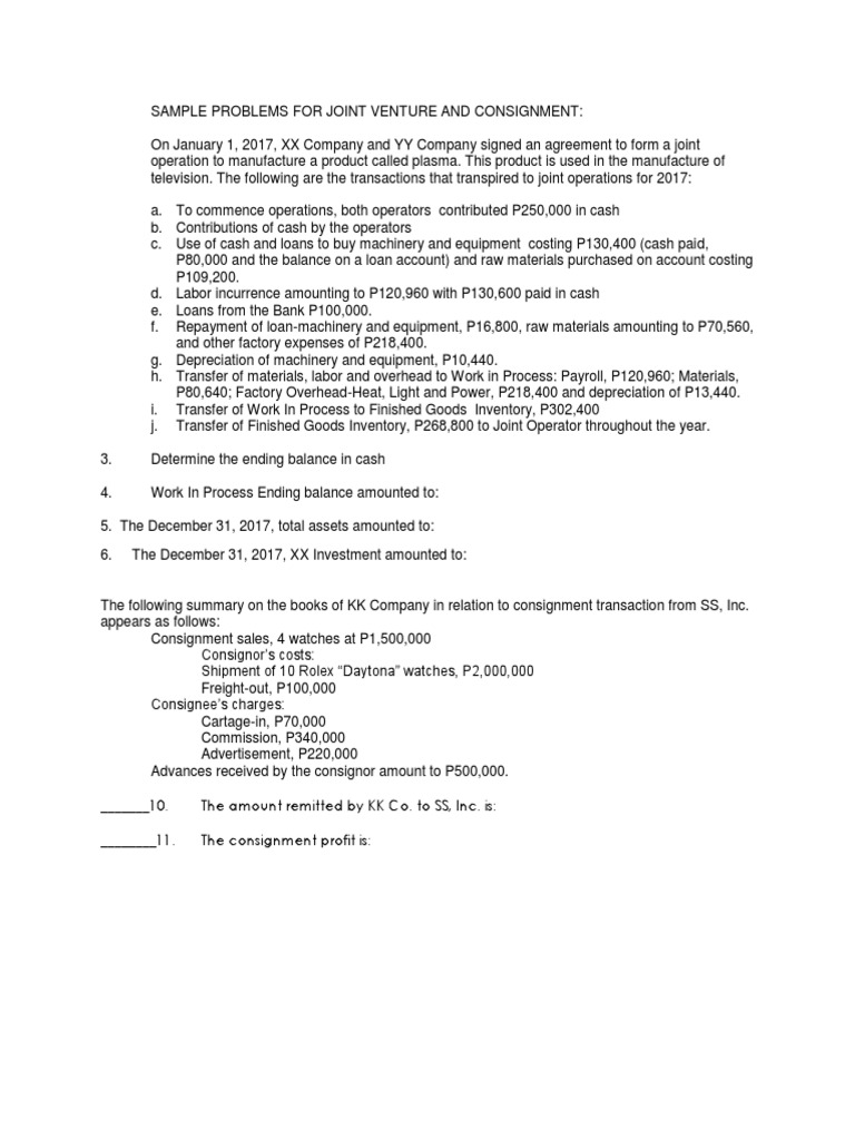Sample Problems For Joint Venture and Consignment | PDF