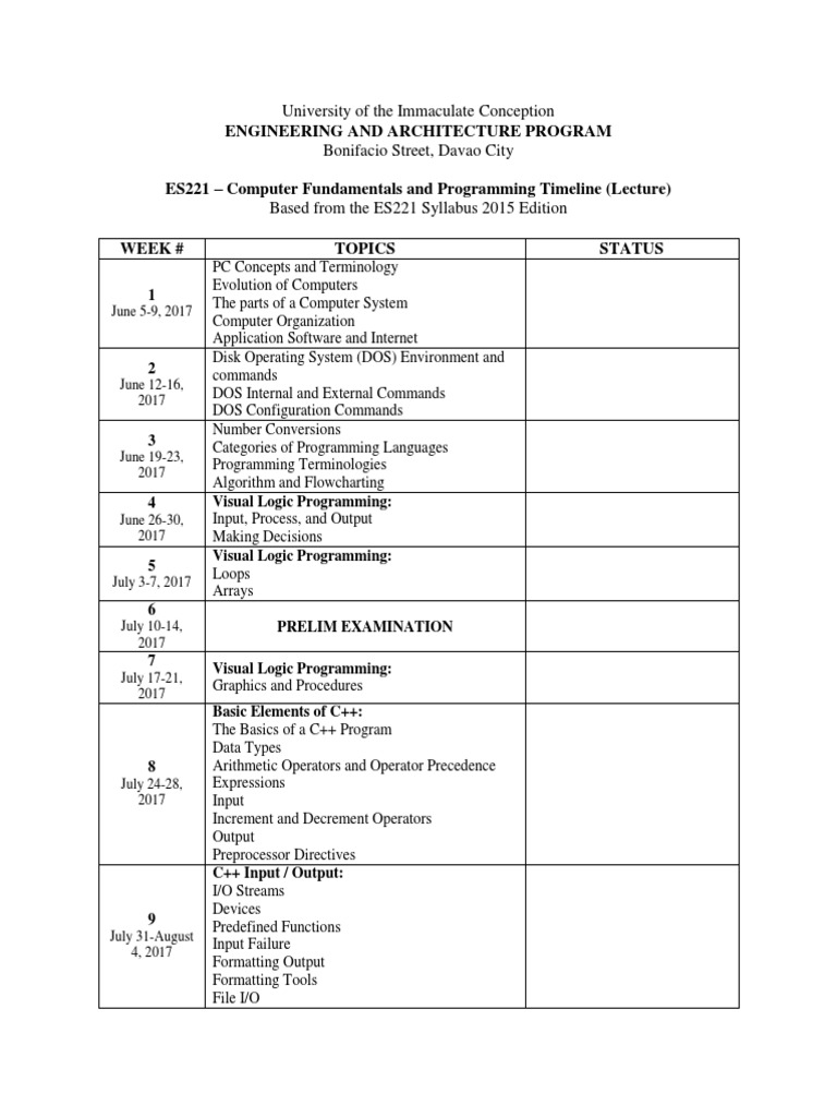 Engineering and Architecture Program: University of The Immaculate Conception Bonifacio Street ...