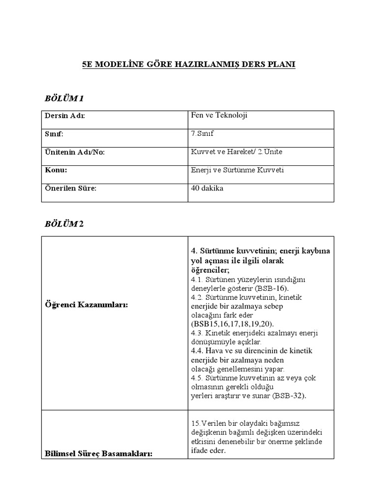 5E Modeline Göre Hazirlanmiş Ders Plani: Dersin Adı: Sınıf: Ünitenin ...
