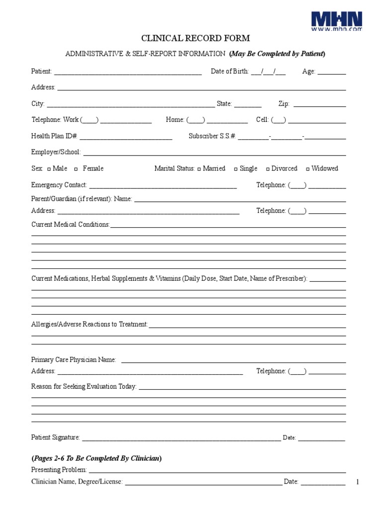 Clinical Record Form: (May Be Completed by Patient) | PDF ...