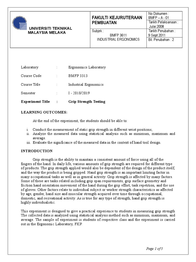 Grip Strength Testing in Ergonomics Lab | PDF | Hand | Human Factors ...