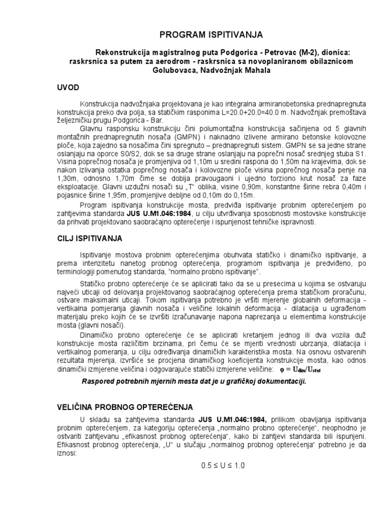 Program Ispitivanja Nadvoznjak Mahala | PDF