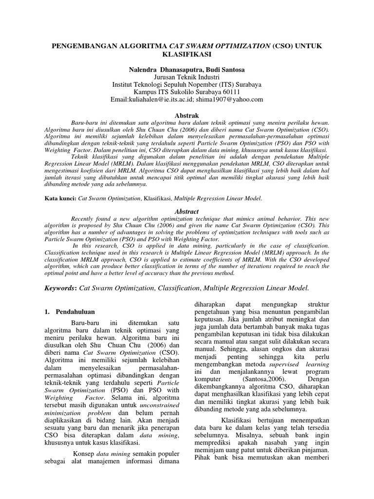 Pengembangan Algoritma Cat Swarm Optimization Cso Untuk Klasifikasi PDF | PDF