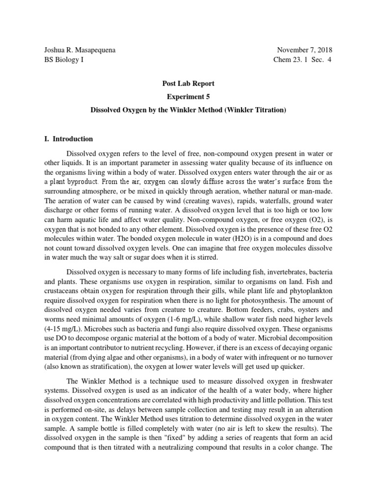 Chem 23.1 Experiment 5 PostLab | PDF | Oxygen | Titration
