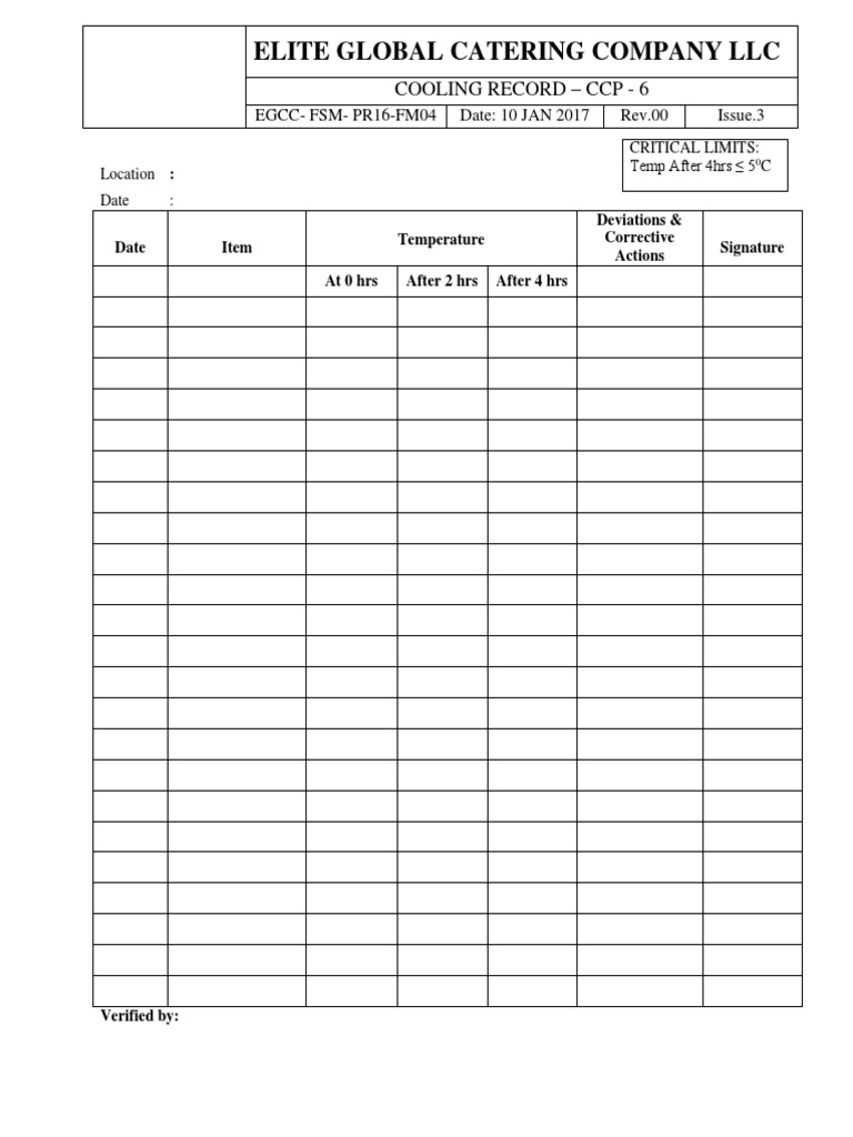 Elite Global Catering Company LLC: Cooling Record - CCP - 6 | PDF