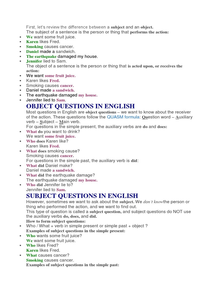 Subject vs. Object Questions Explained | PDF | Verb | Question