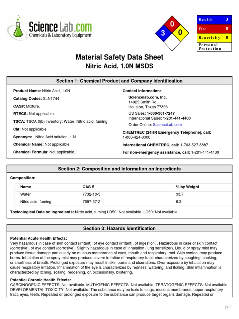 Msds HNO3 | PDF | Toxicity | Nitric Acid