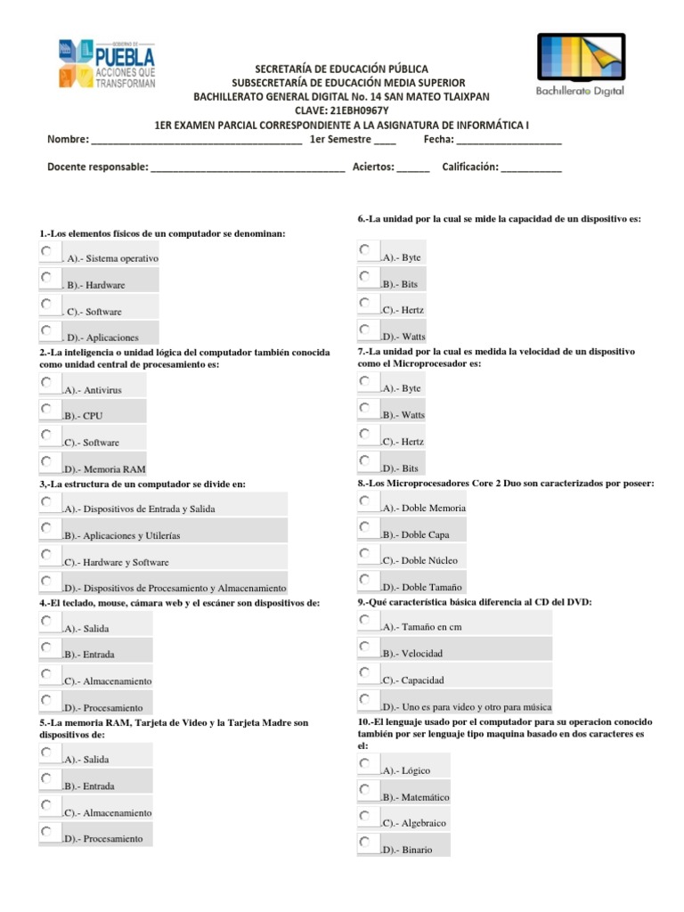 Examen de Informatica 1 para Aplicar Primer Parcial | PDF ...