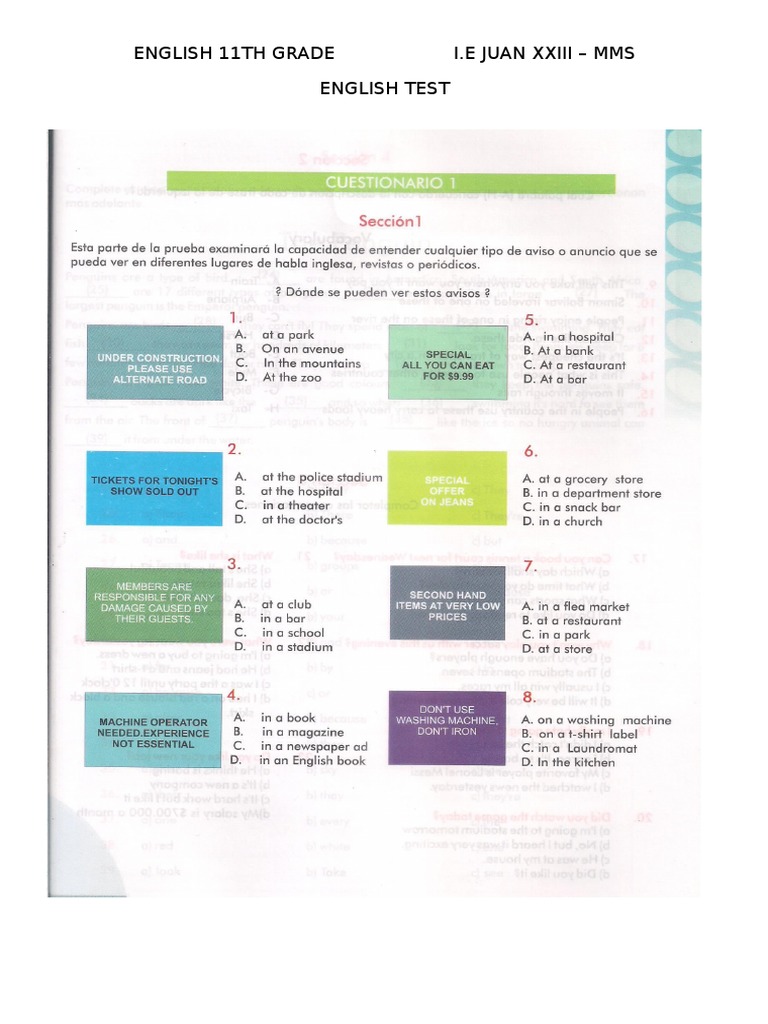 English 11Th Grade I.E Juan Xxiii - Mms English Test | PDF