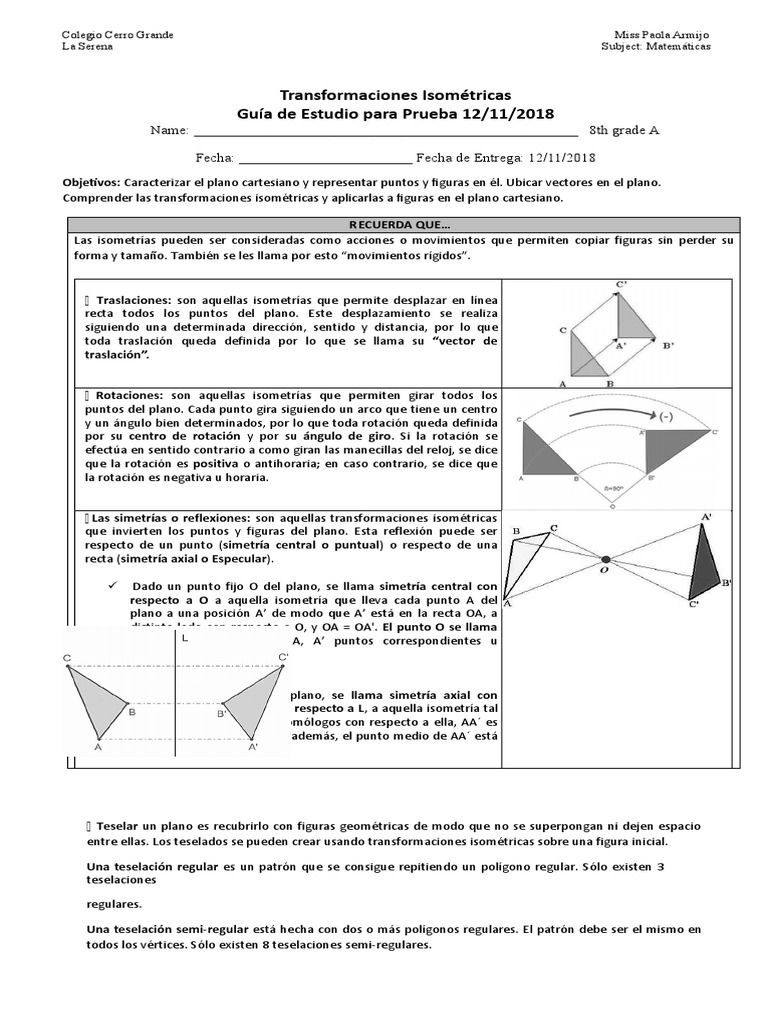Transformaciones Guía Isométricas 8° | PDF | Rotación | Geometria plana)