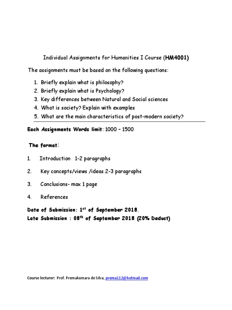 Individual Assignments For Humanities I Course (HM4001) : Each ...