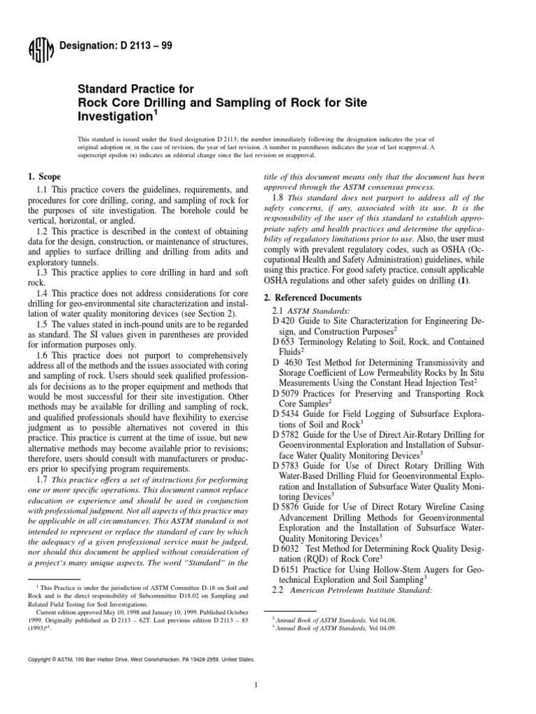 ASTM D2113 - Rock Core Drilling PDF | PDF | Drilling Rig | Casing (Borehole)
