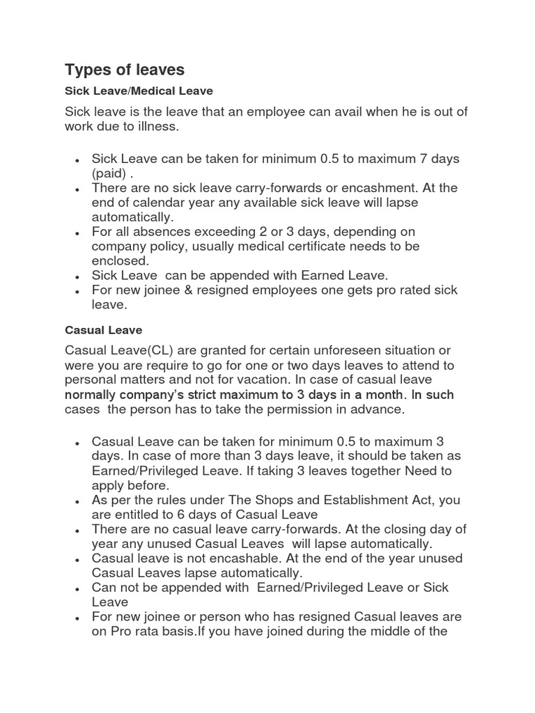 Types of Leaves: Sick Leave/Medical Leave | PDF | Parental Leave | Sick ...