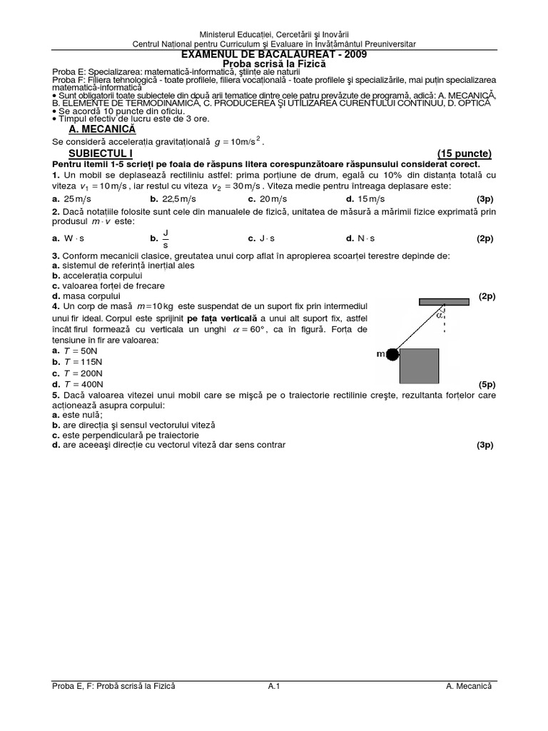 Modele Subiecte Bac Fizica Mecanica - 100 Variante Subiectul I | PDF