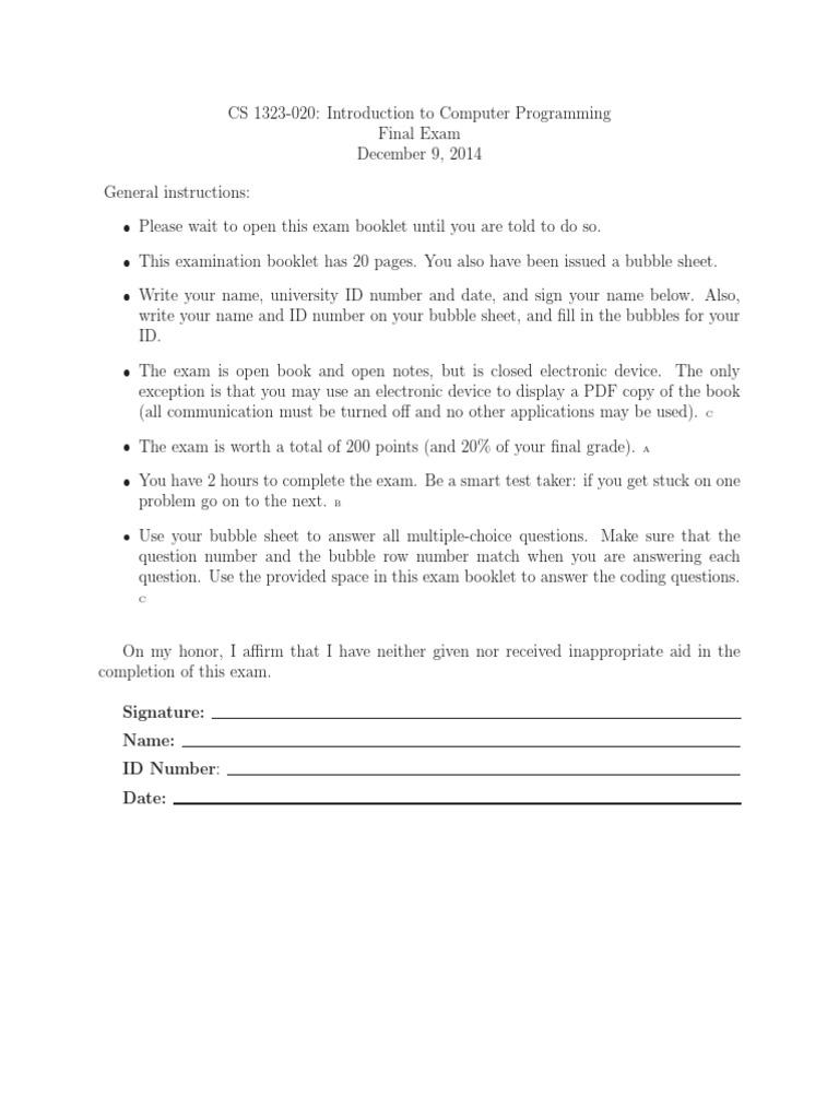 Introduction To Computer Programming Exam Final B Pdf Test Assessment Computer Programming