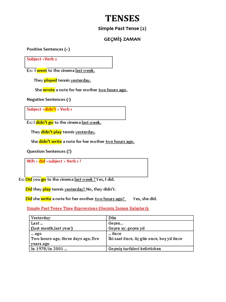 Tenses: Simple Past Tense (2) Geçmiş Zaman | PDF | Grammatical Tense ...