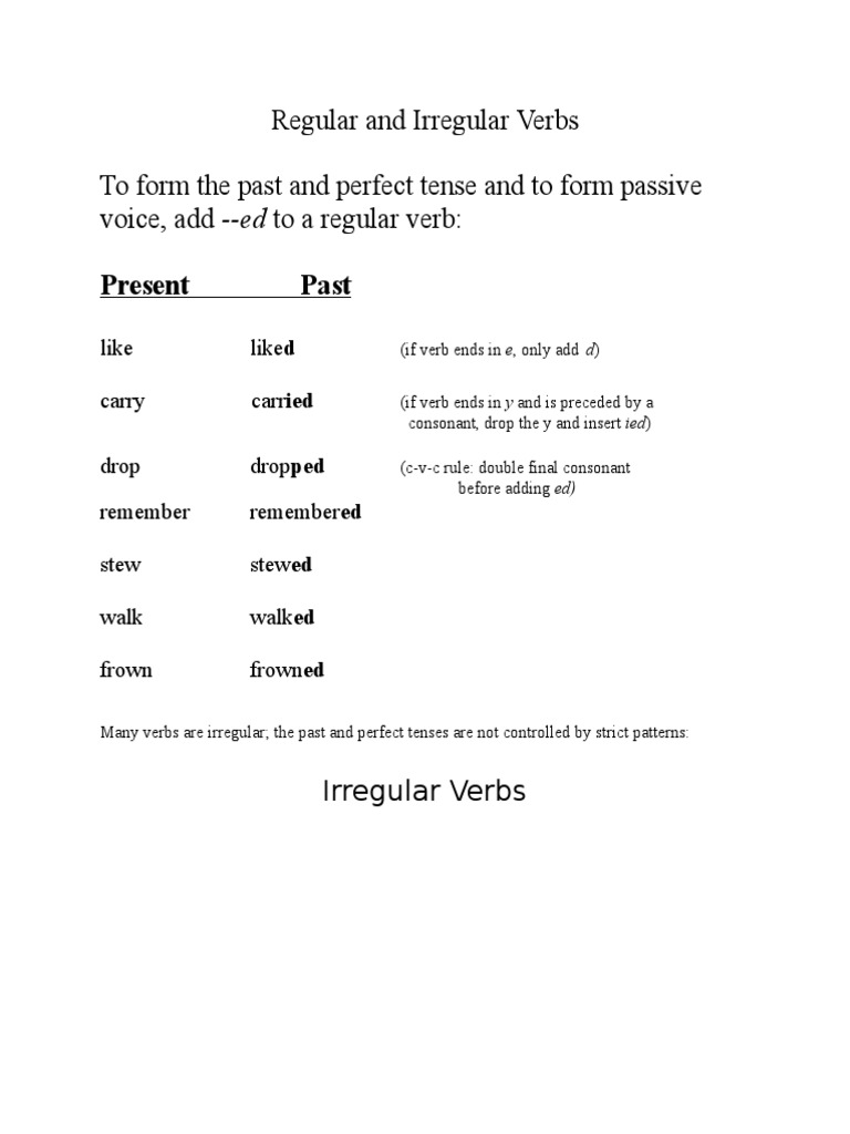 Regular and Irregular Verbs To Form The Past and Perfect Tense and To ...