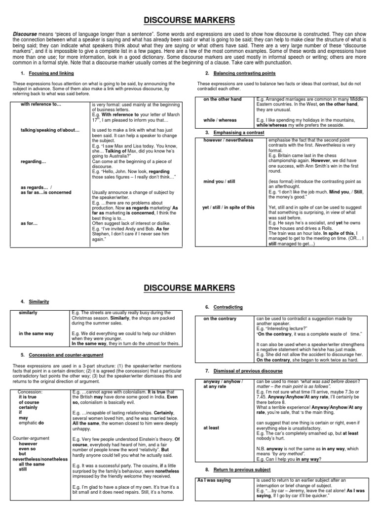 Discourse Markers | PDF | Sentence (Linguistics) | Discourse
