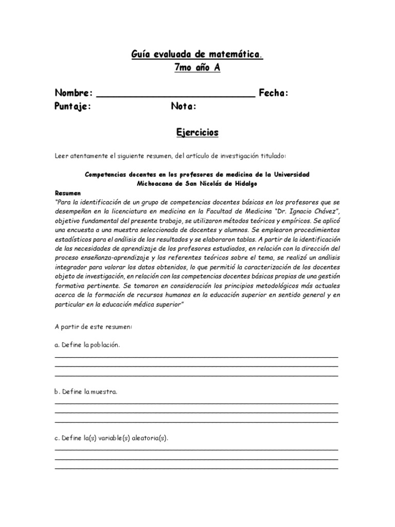 Guía Evaluada de Matemática 7mo | PDF | Maestros | Medicina