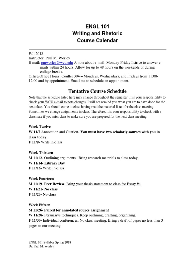 Updated Fall 2018 ENGL 101 Calendar | PDF | Career & Growth | Language ...