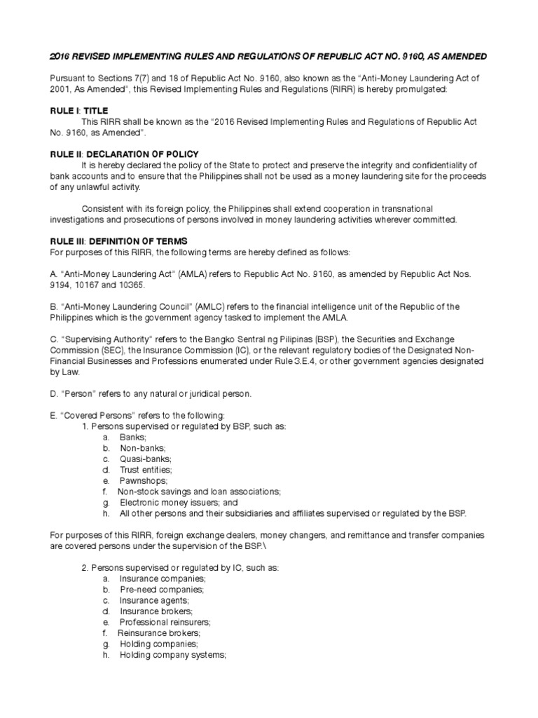 Rule I: Title: 2016 Revised Implementing Rules and Regulations of Republic Act No. 9160, As ...