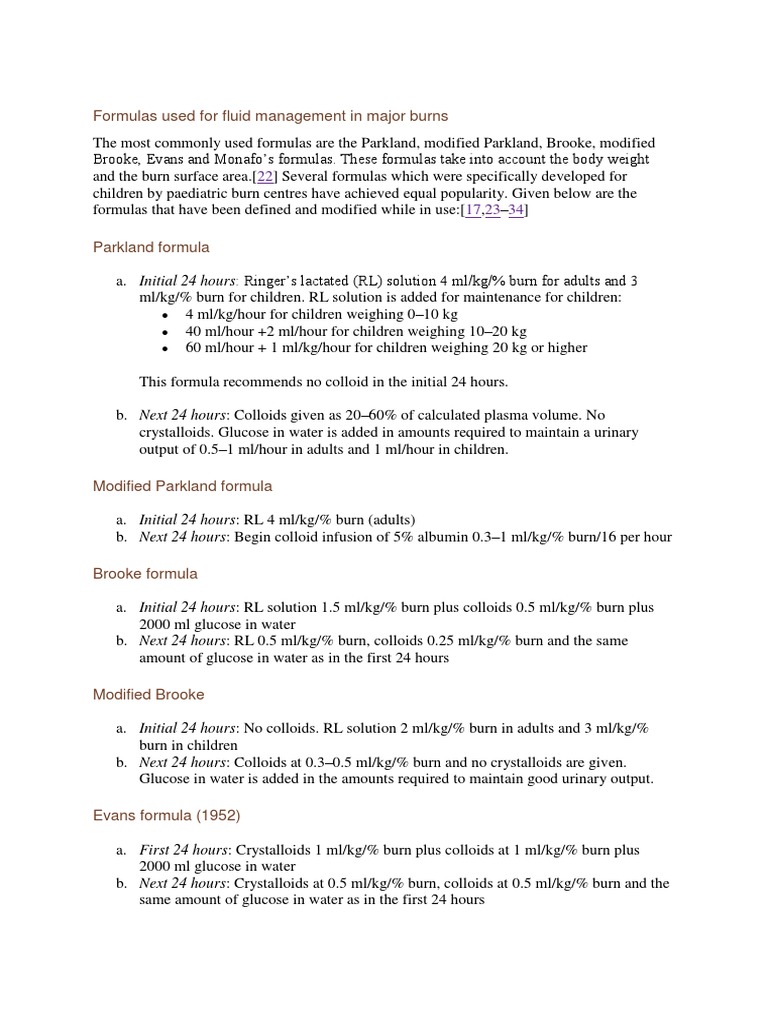 Formulas Used For Fluid Management in Major Burns | PDF | Burn ...