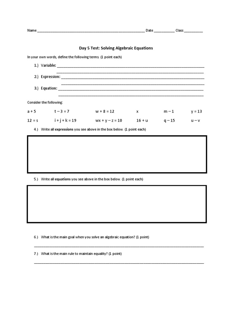 Algebraic Equations Test Worksheet | PDF